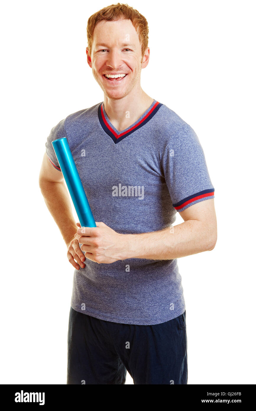 Athlete with a baton ready to run a race and smiling Stock Photo - Alamy