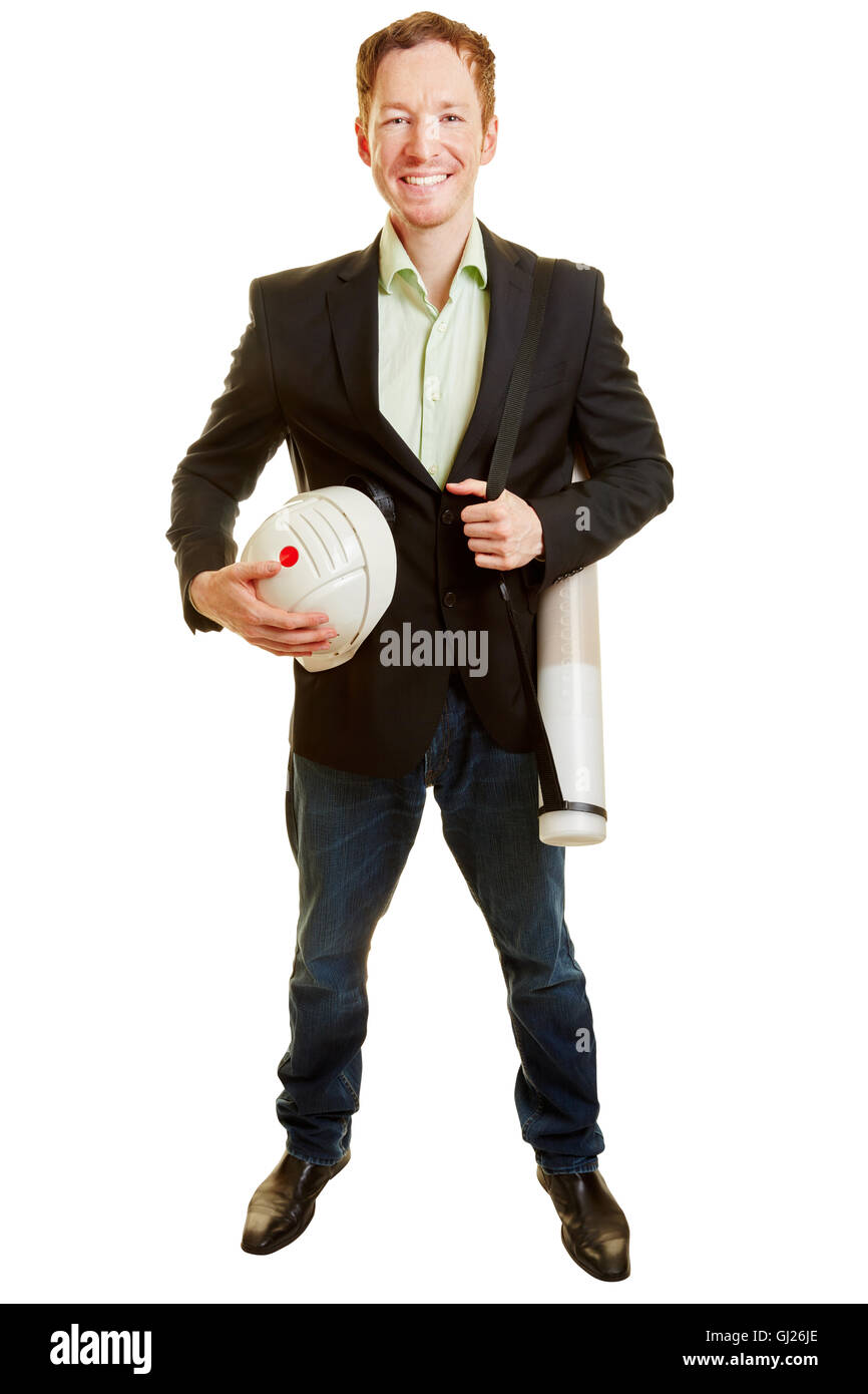Man as an architect or civil engineer smiling and standing on a white ...