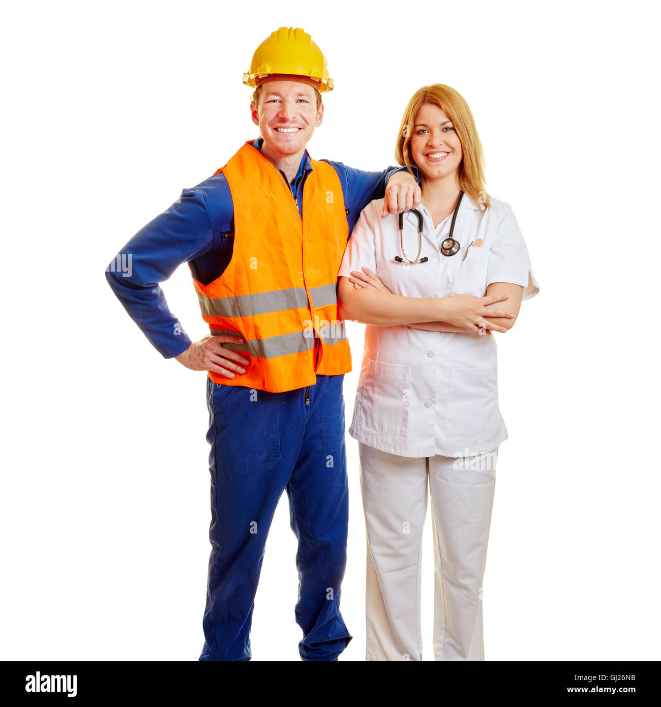 Woman and man as construction worker and doctor smiling as a team Stock ...