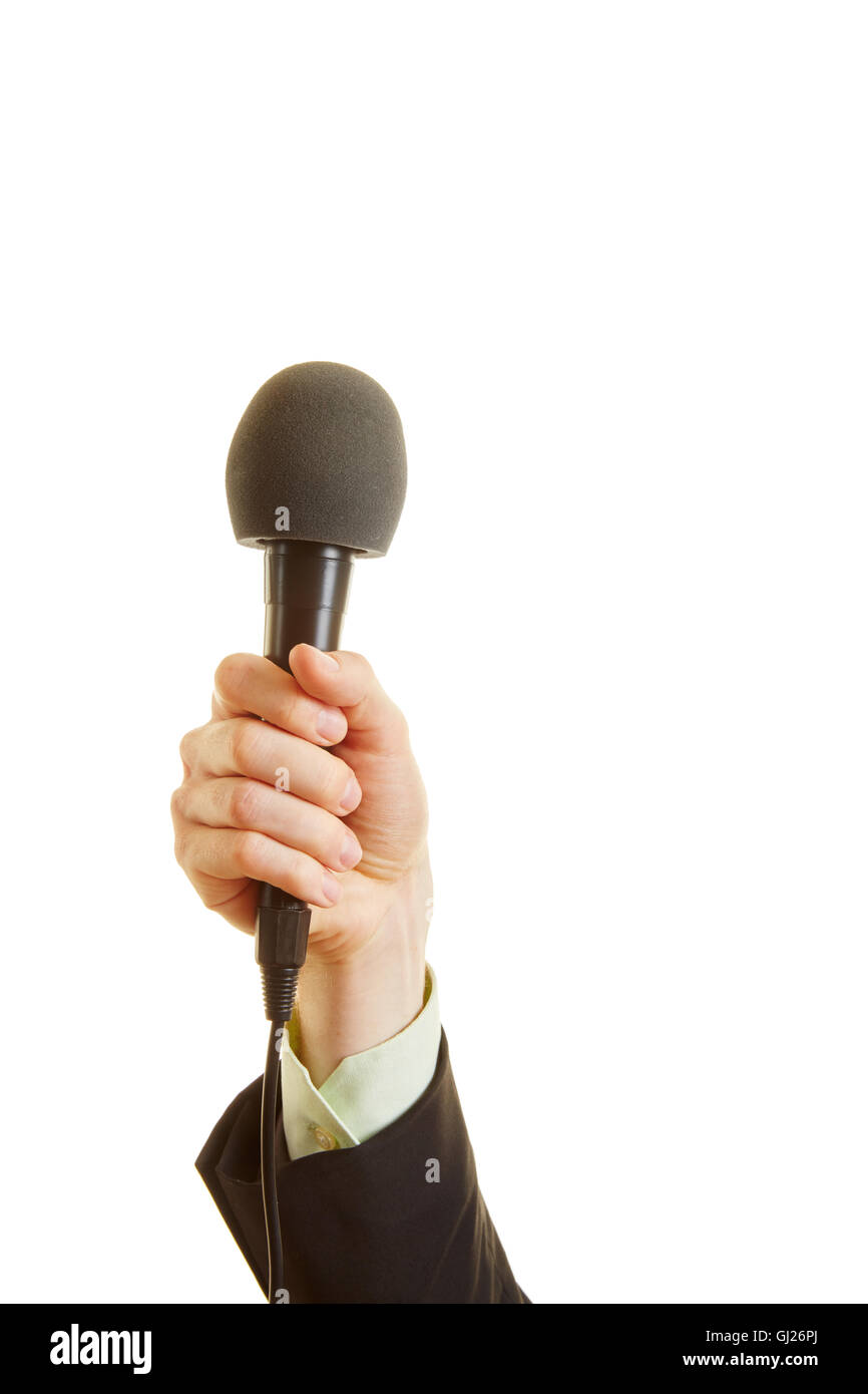 Hand of a reporter holding a microphone in the air Stock Photo - Alamy