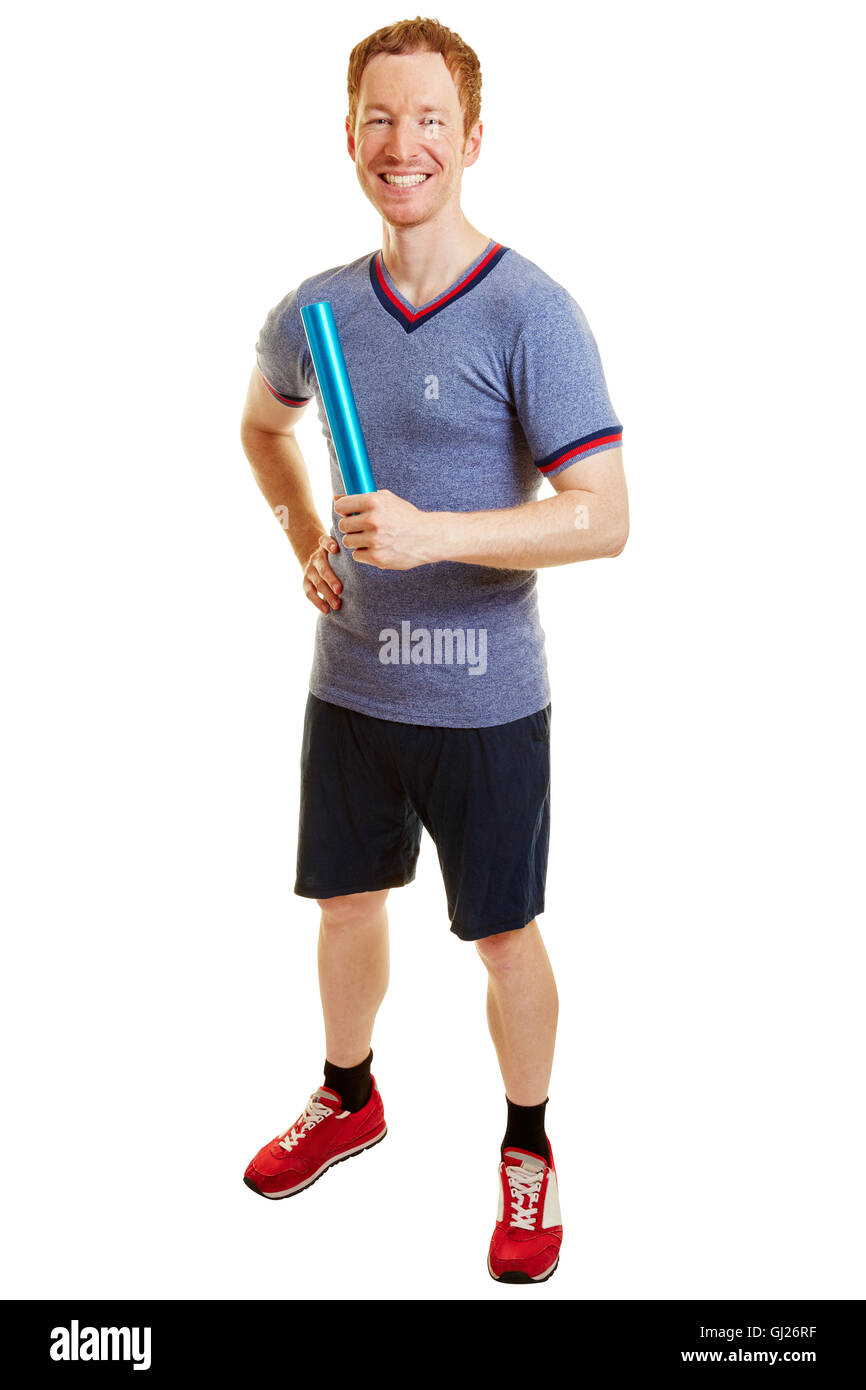 Man as a runner with a baton smiling Stock Photo - Alamy