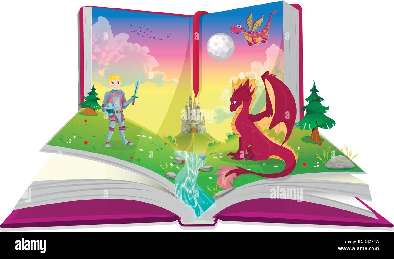 Book of fairytales with knight and dragon illustration Stock Vector ...