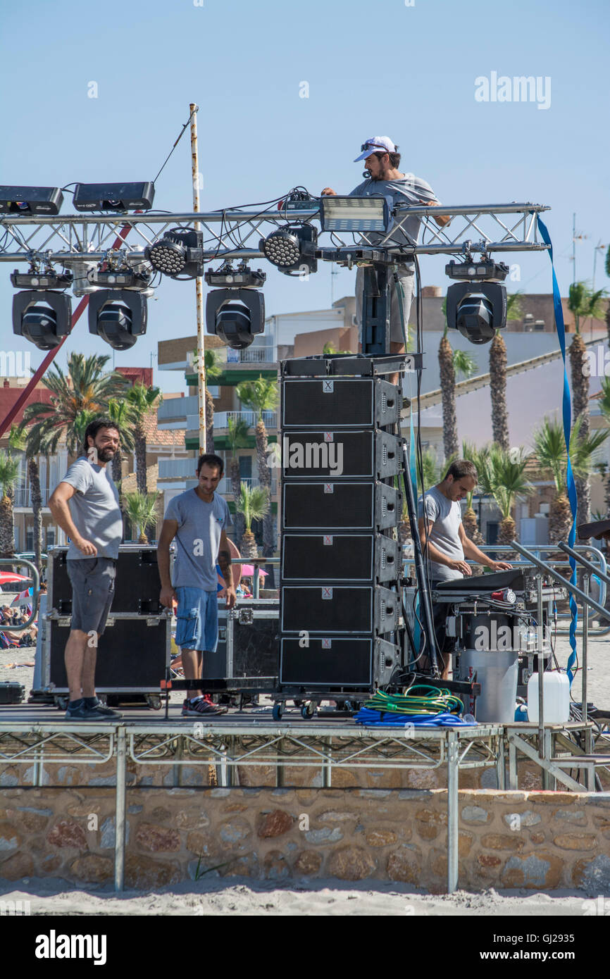 Stage and sound system on the beach on the beach at Los Alcazares ...
