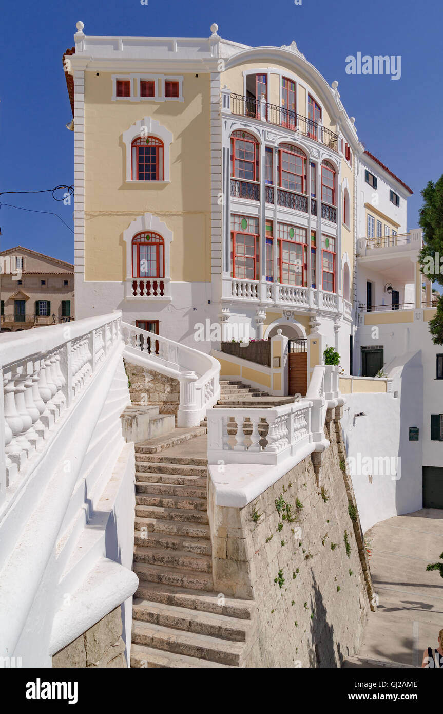 The streets and lanes of the Menorcan capital of Mahon in Spain. Steps ...