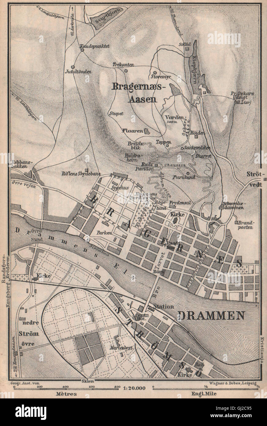 DRAMMEN antique town city byplan. Norway kart. BAEDEKER, 1899 antique ...