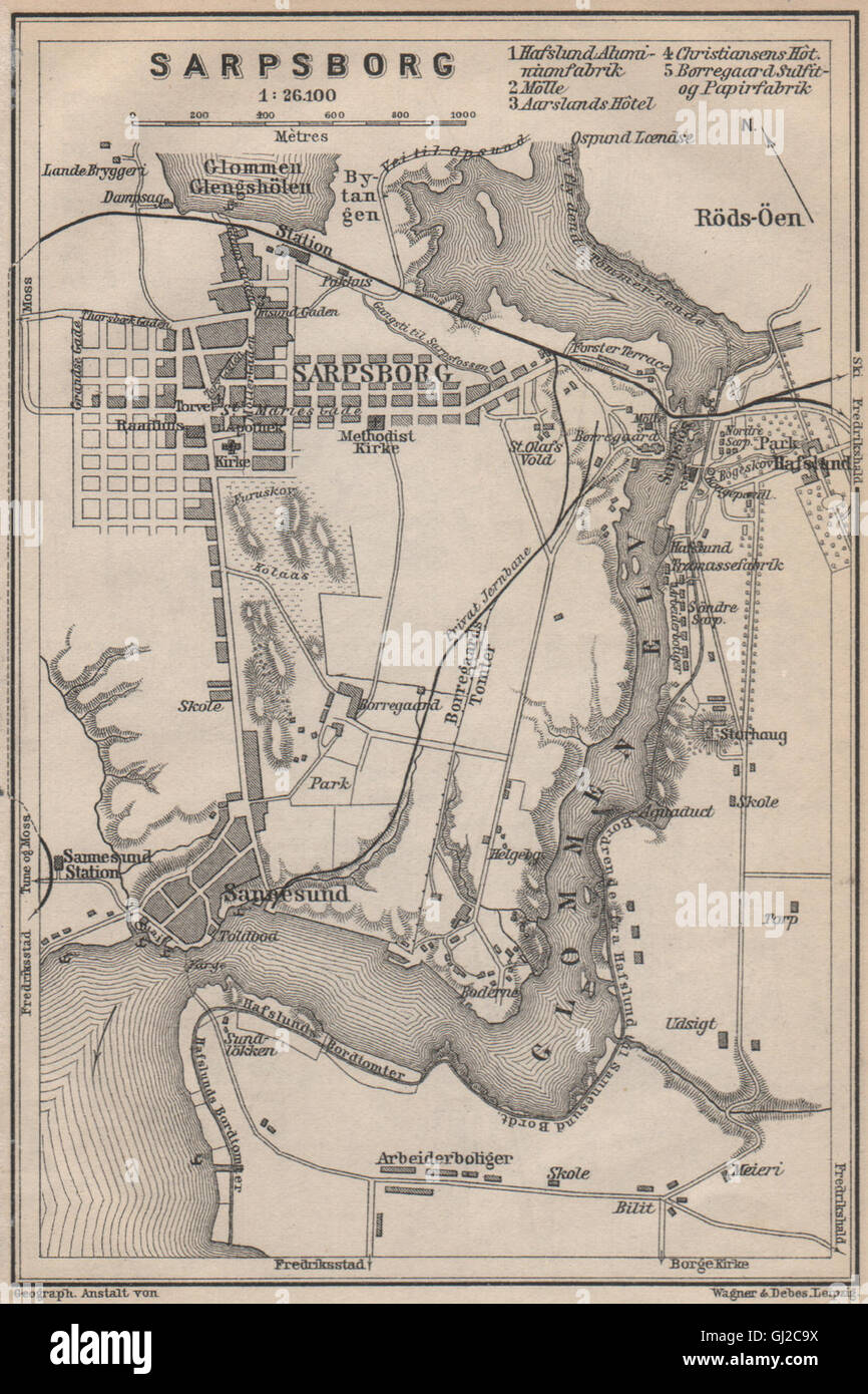 SARPSBORG antique town city byplan. Norway kart. BAEDEKER, 1899 antique ...