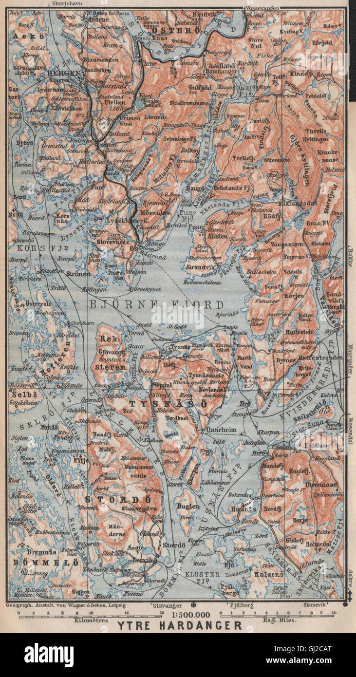 OUTER HARDANGERFJORD topo-map. Bergen Stordo. Norway kart. BAEDEKER ...
