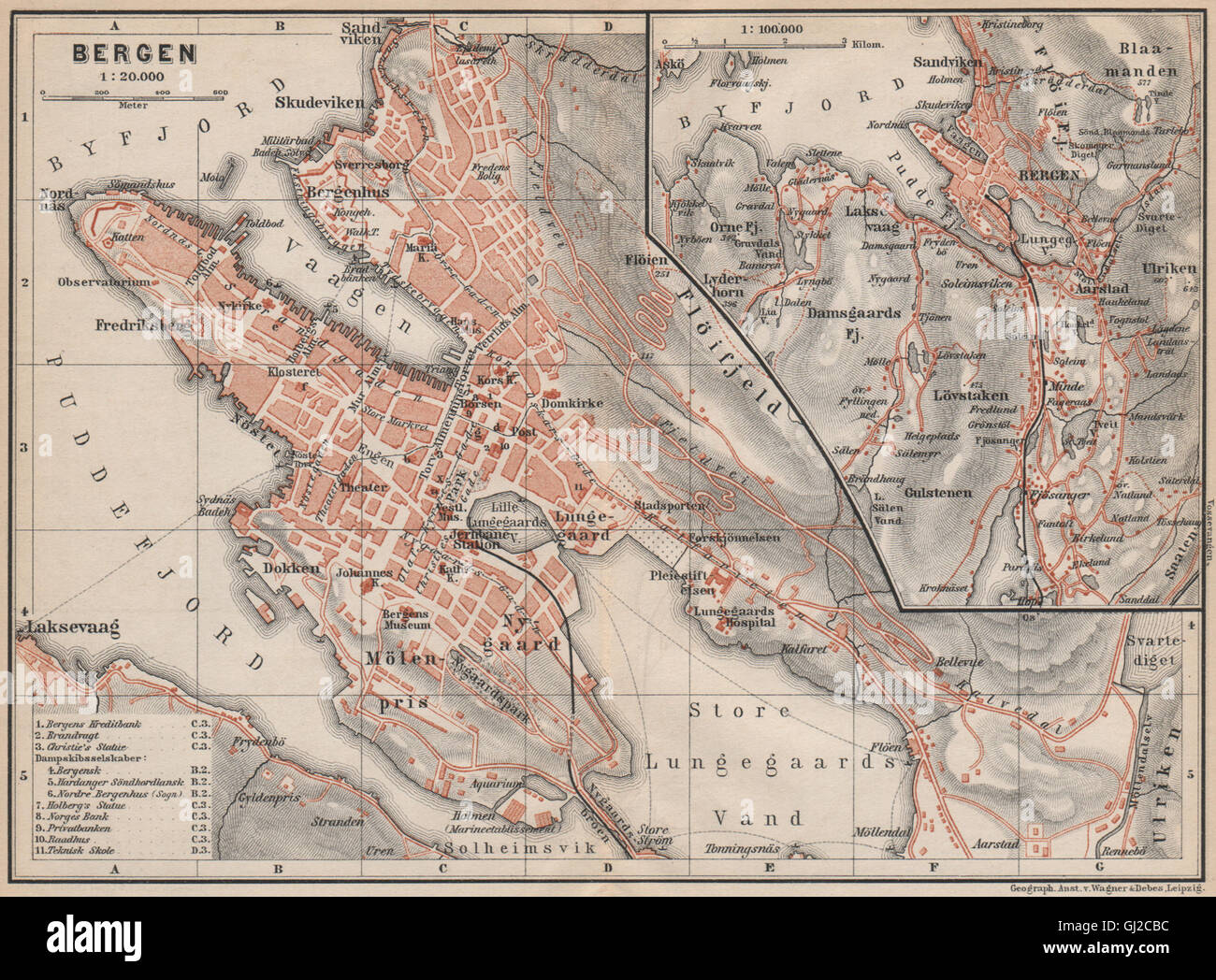BERGEN antique town city byplan & environs. Norway kart. BAEDEKER, 1899 ...