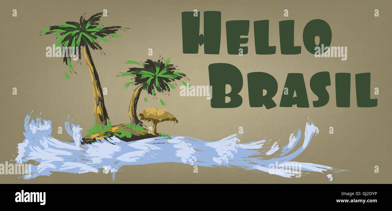 Hello brasil card with palm trees and water design over brown ...