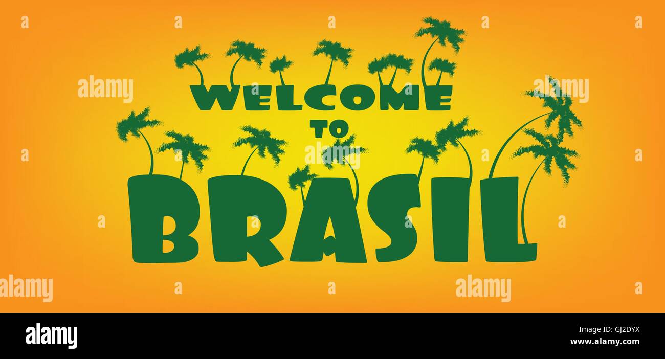 Welcome to brasil card with palm trees over orange background, in ...