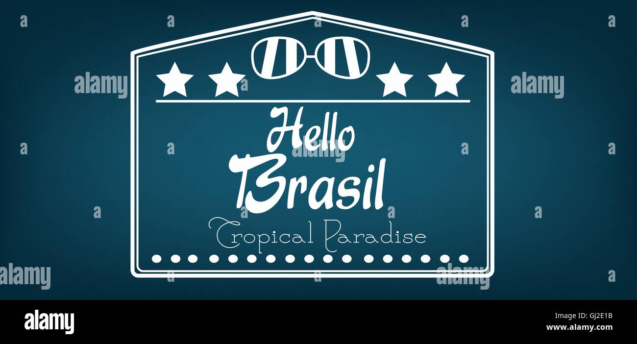 Hello Brasil card with stars and sunglasses over dark blue background ...