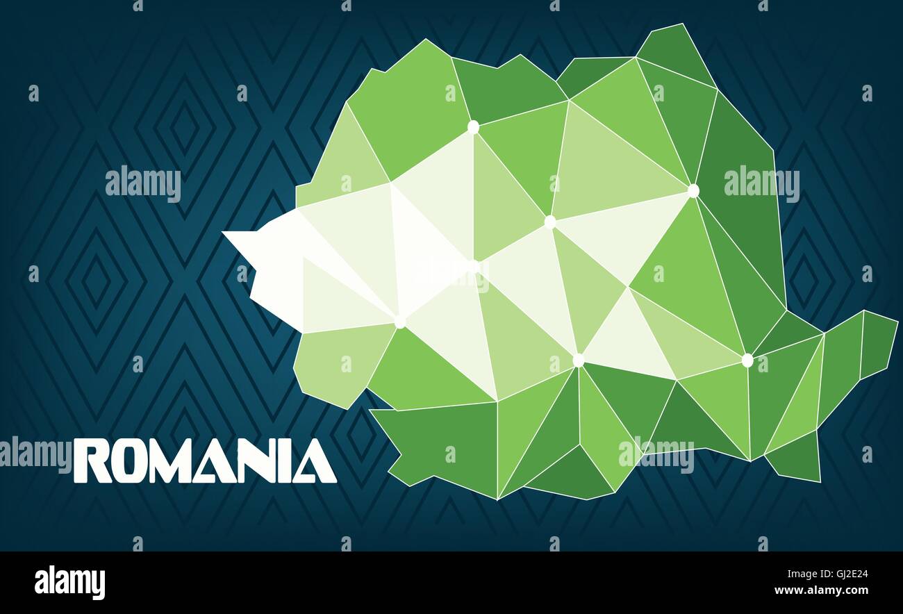 Romania country map design with green and white triangles over dark ...