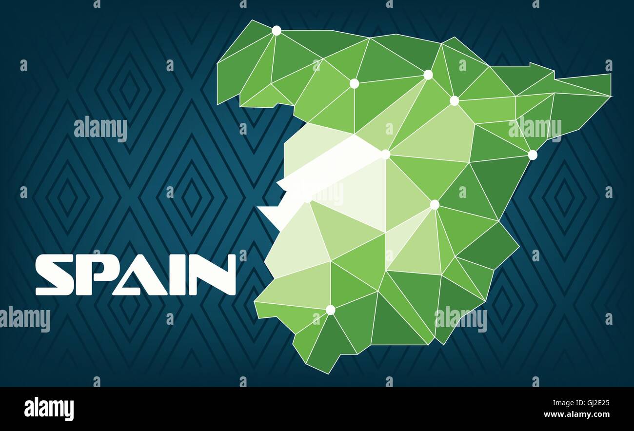 Spain country map design with green and white triangles over dark blue ...