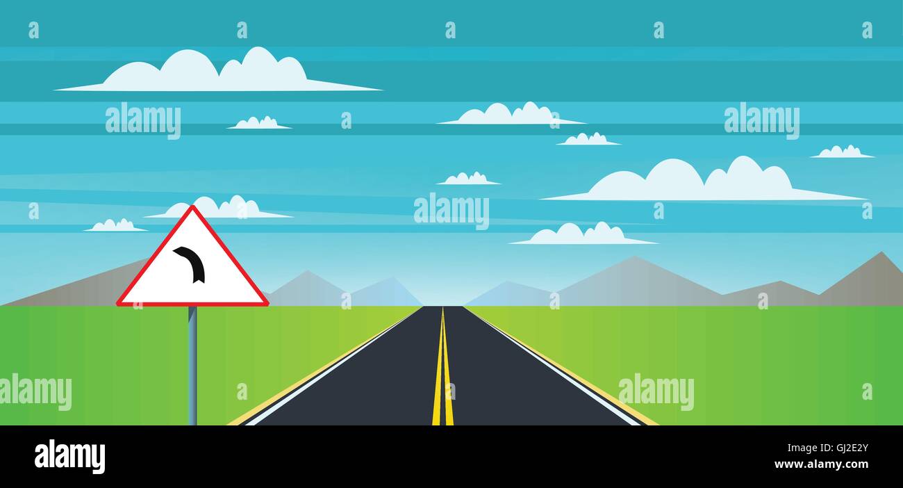 Abstract landscape with a road sign, green field and mountains. Digital ...