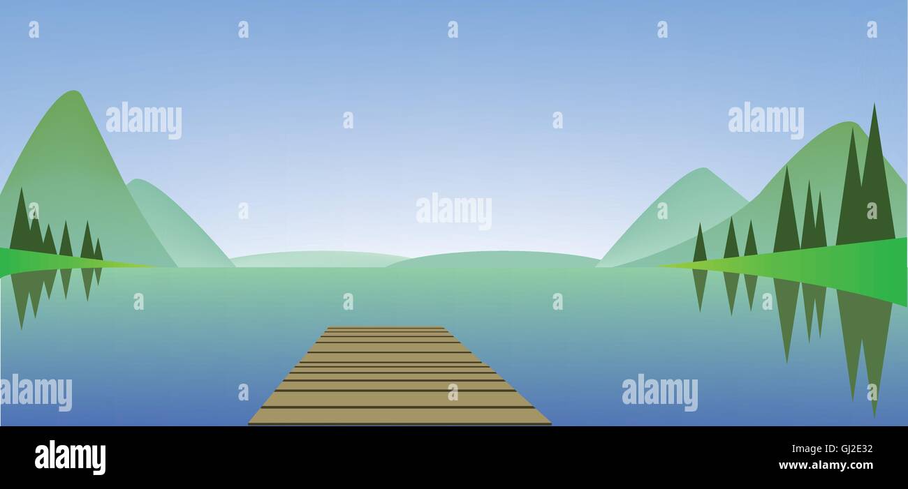 Abstract landscape with a river, wooden bridge and green fields ...