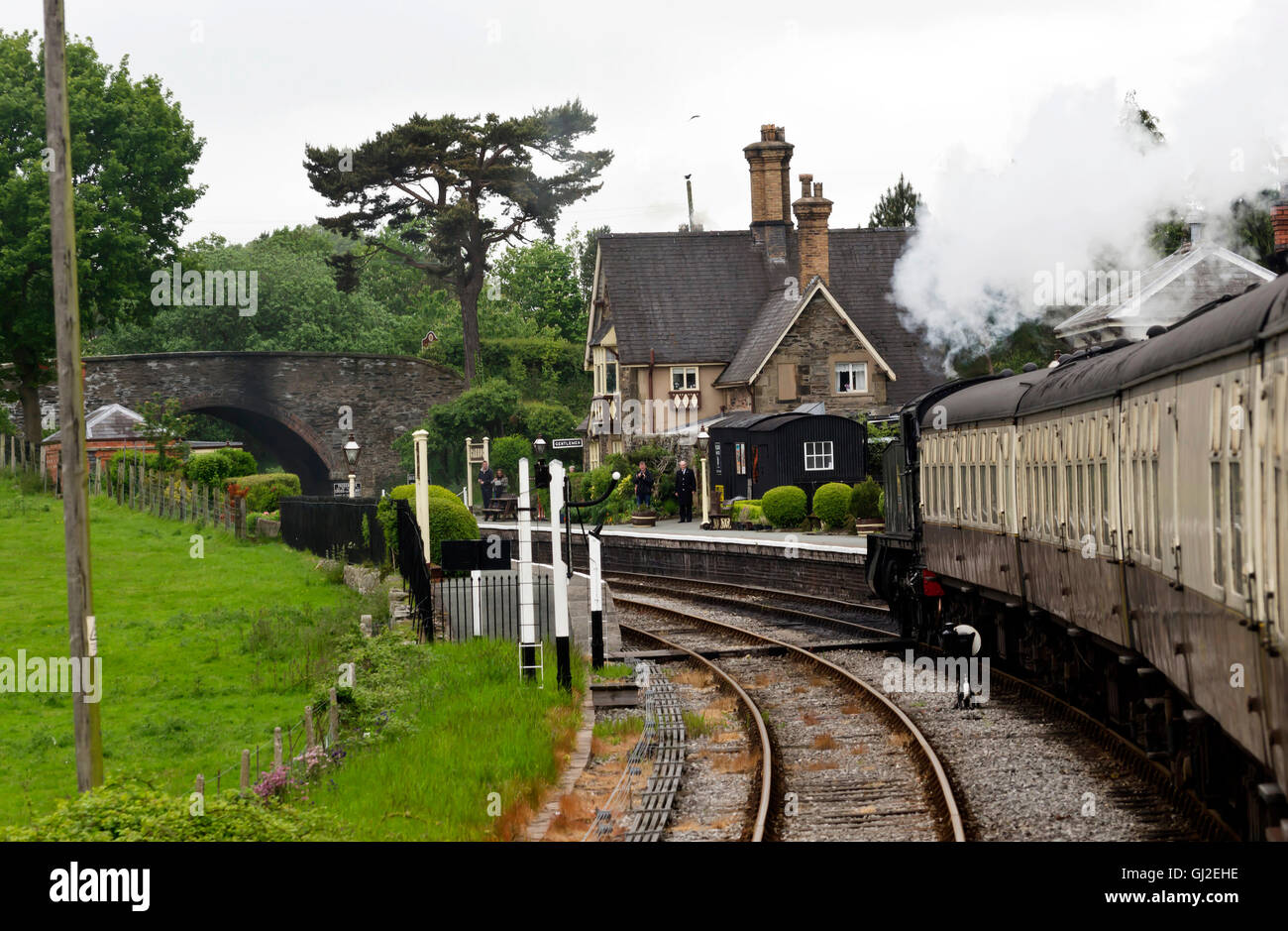 Steam tank locomotive-hauled train approaching Carrog Station on the ...