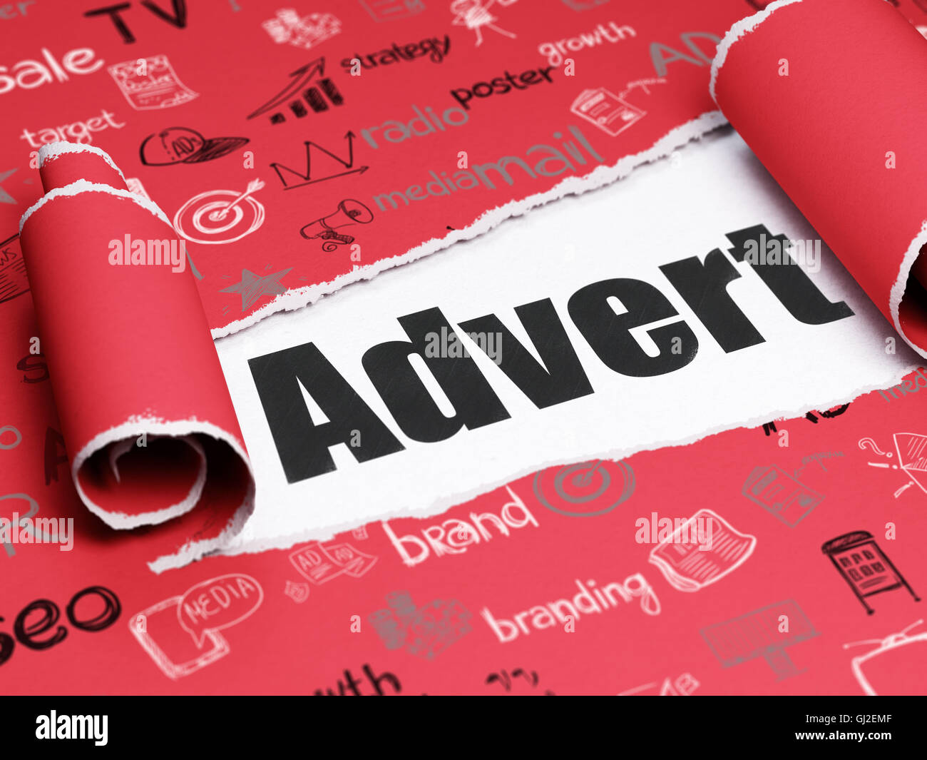 Advertising concept: black text Advert under the piece of torn paper ...