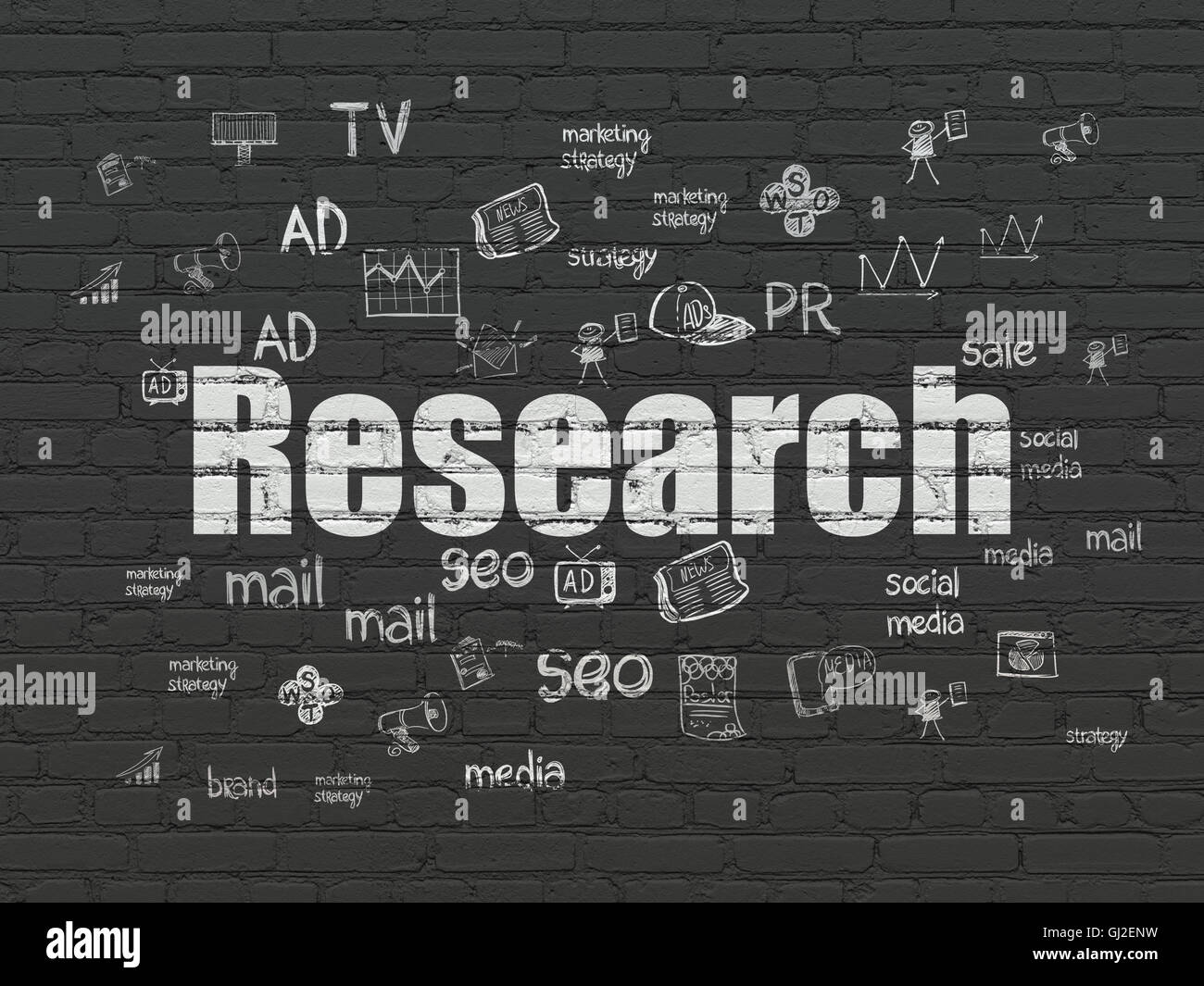 Marketing concept: Research on wall background Stock Photo - Alamy