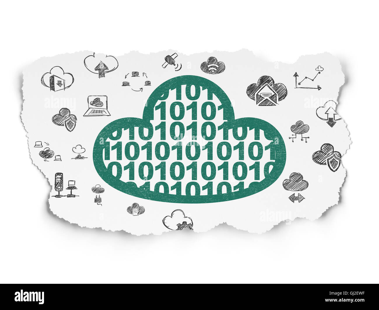 Cloud computing concept: Cloud With Code on Torn Paper background Stock ...