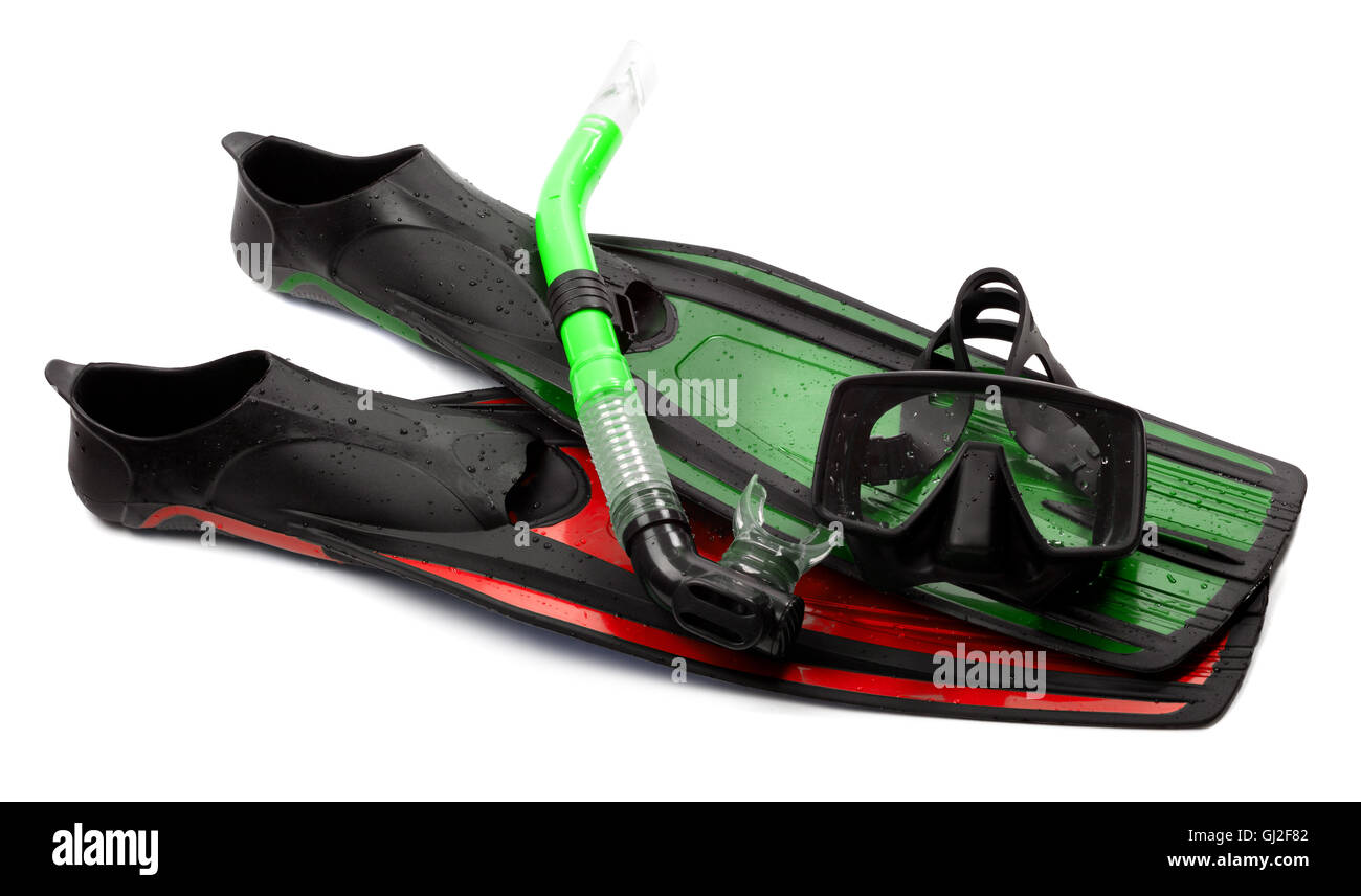 Mask, snorkel and flippers of different colors with water drops. Diving ...