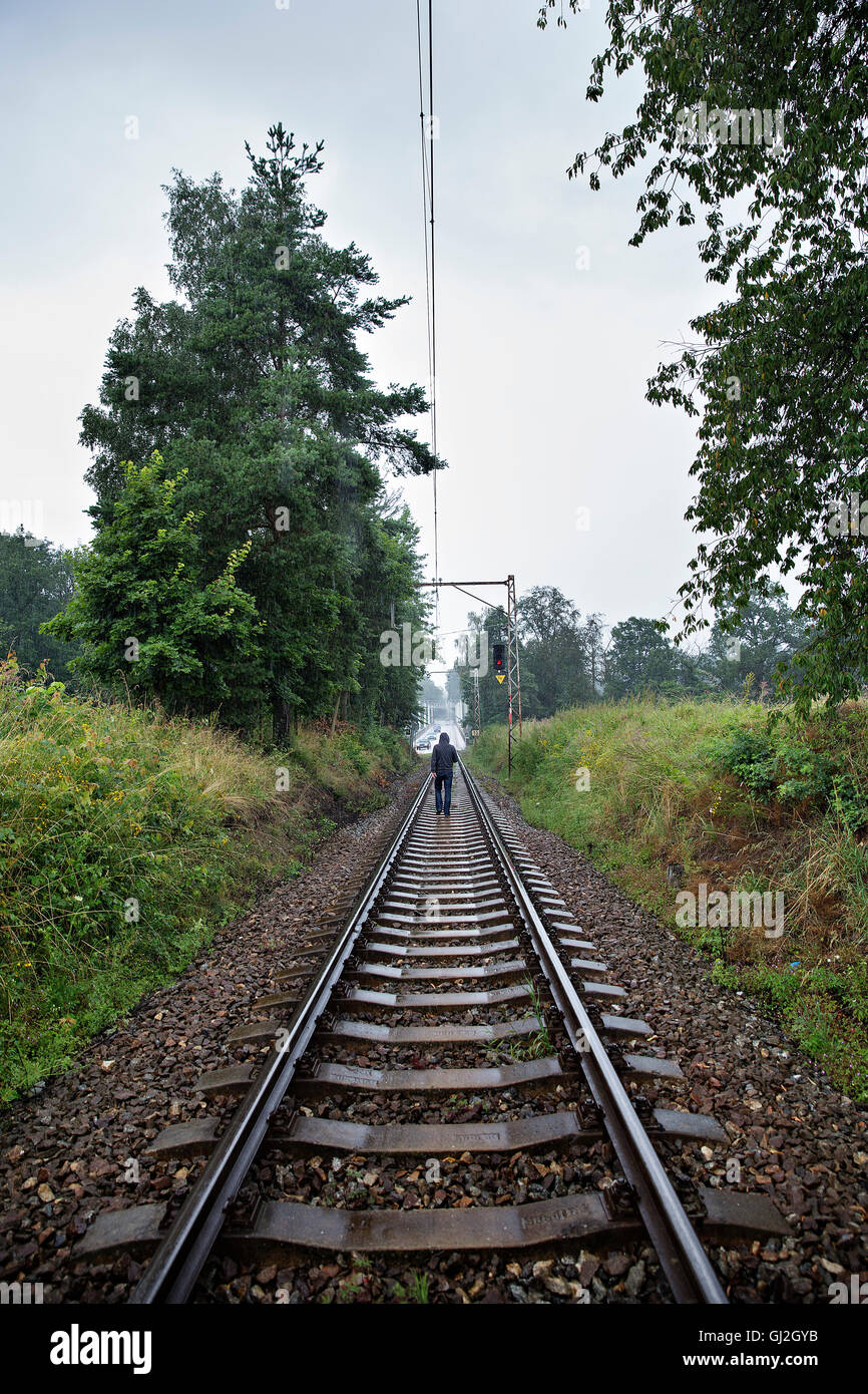 railway, track, rails, sleeper, walker, pedestrian, goer Stock Photo ...