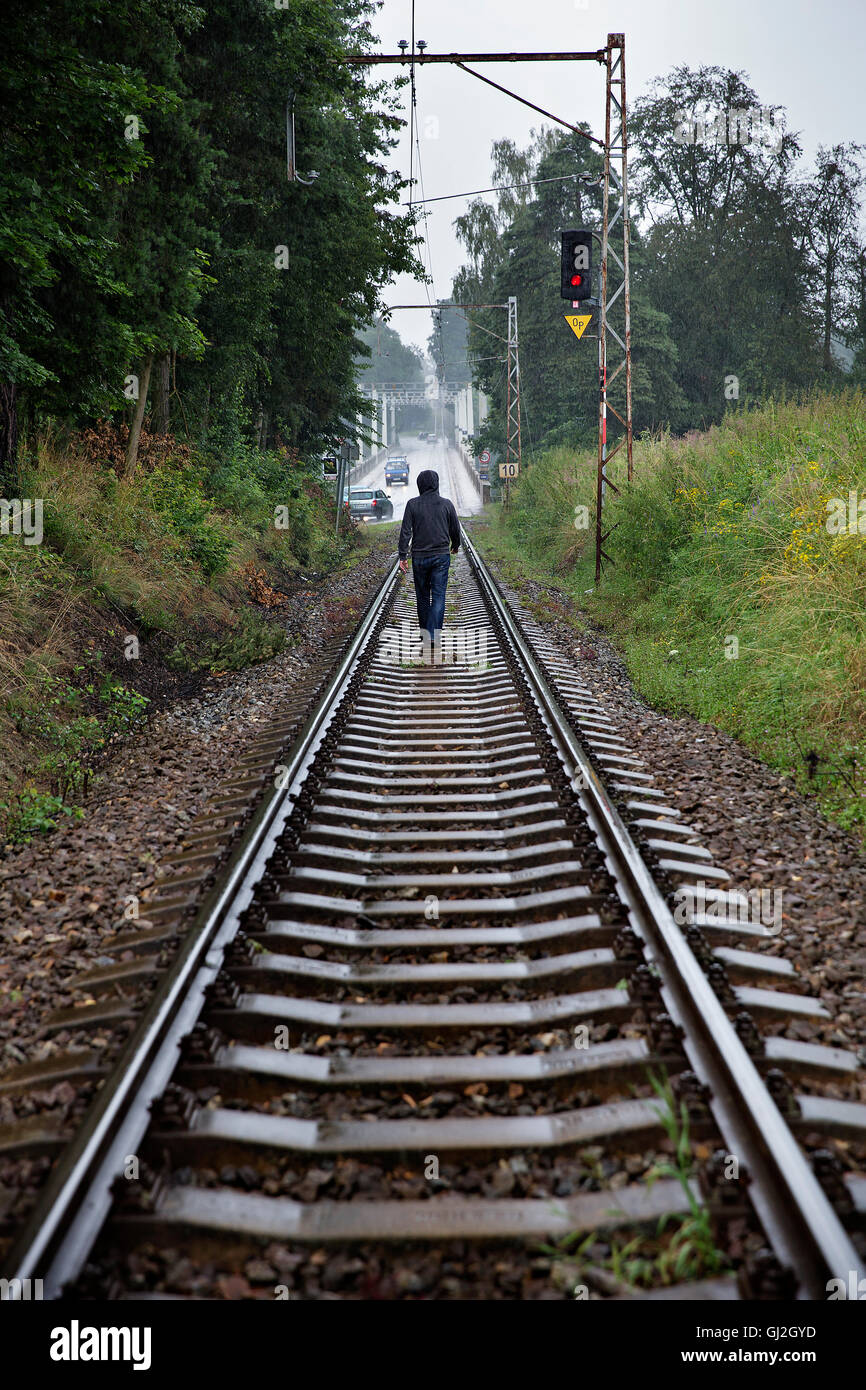 railway, track, rails, sleeper, walker, pedestrian, goer Stock Photo ...