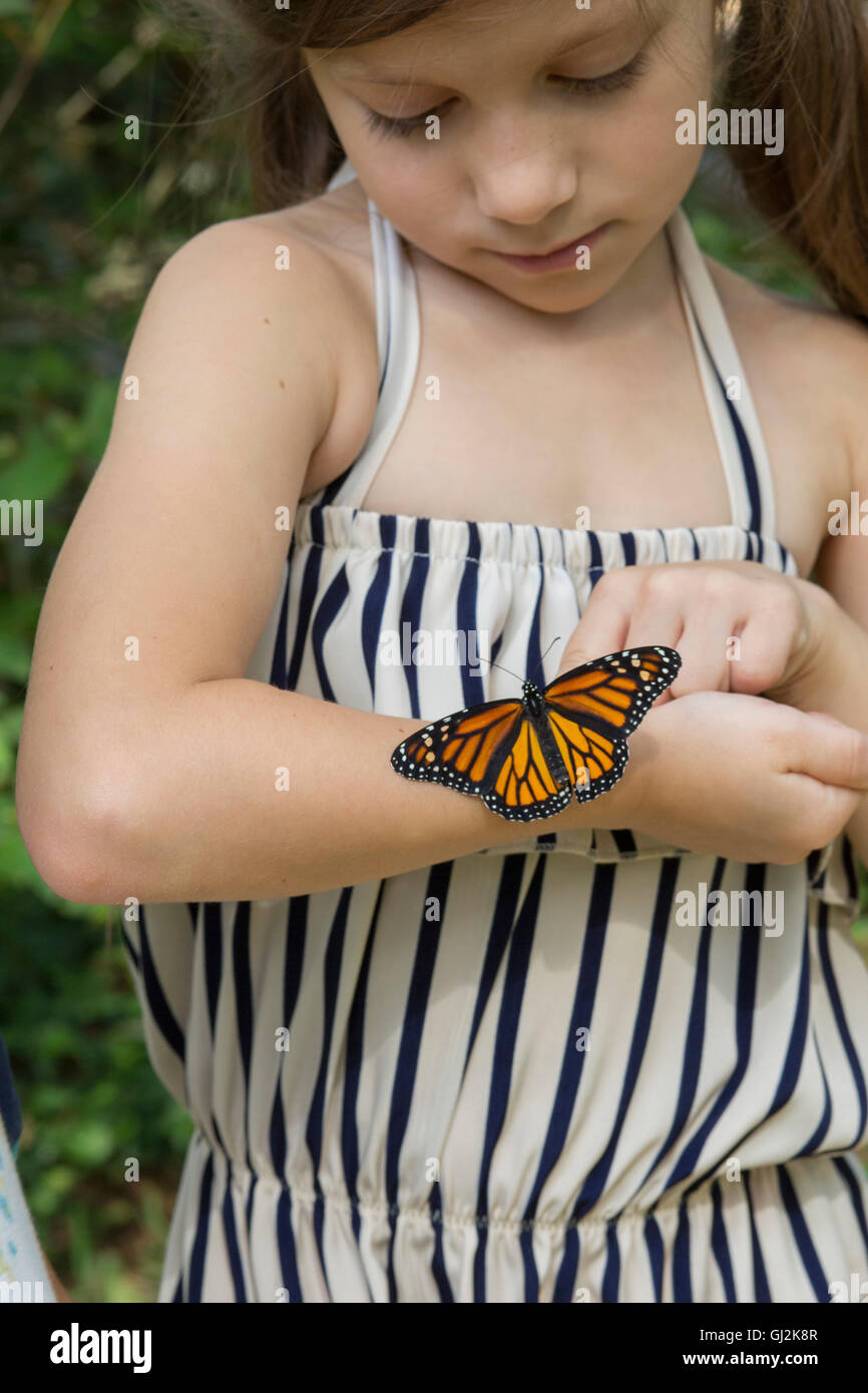 Girl with monarch butterfly on arm Stock Photo - Alamy