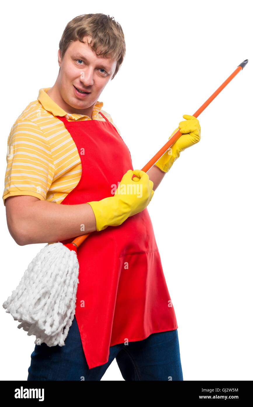 jolly man in a red apron with a mop on a white background Stock Photo ...