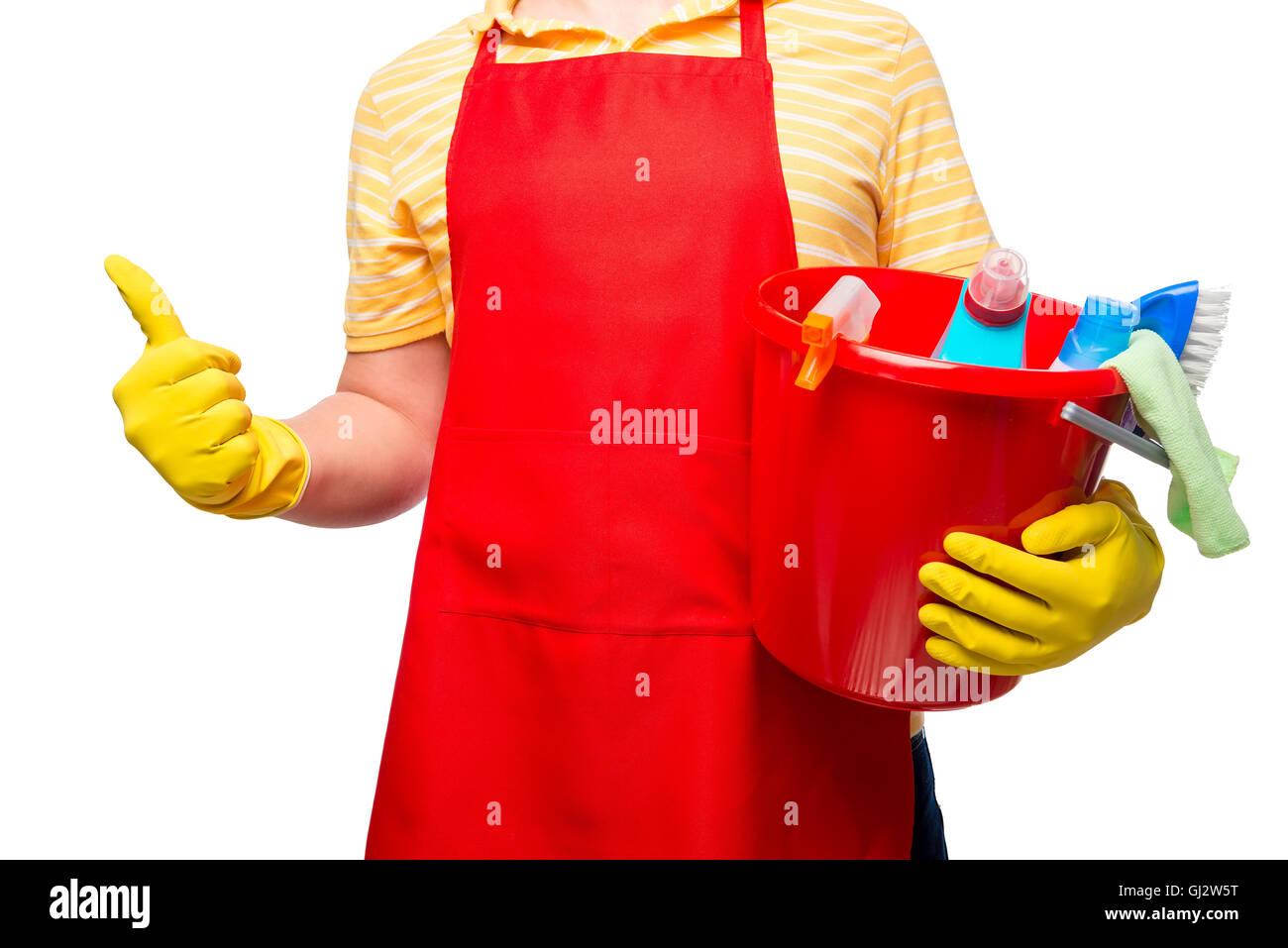 male householder holding a bucket of cleaning products on a white ...
