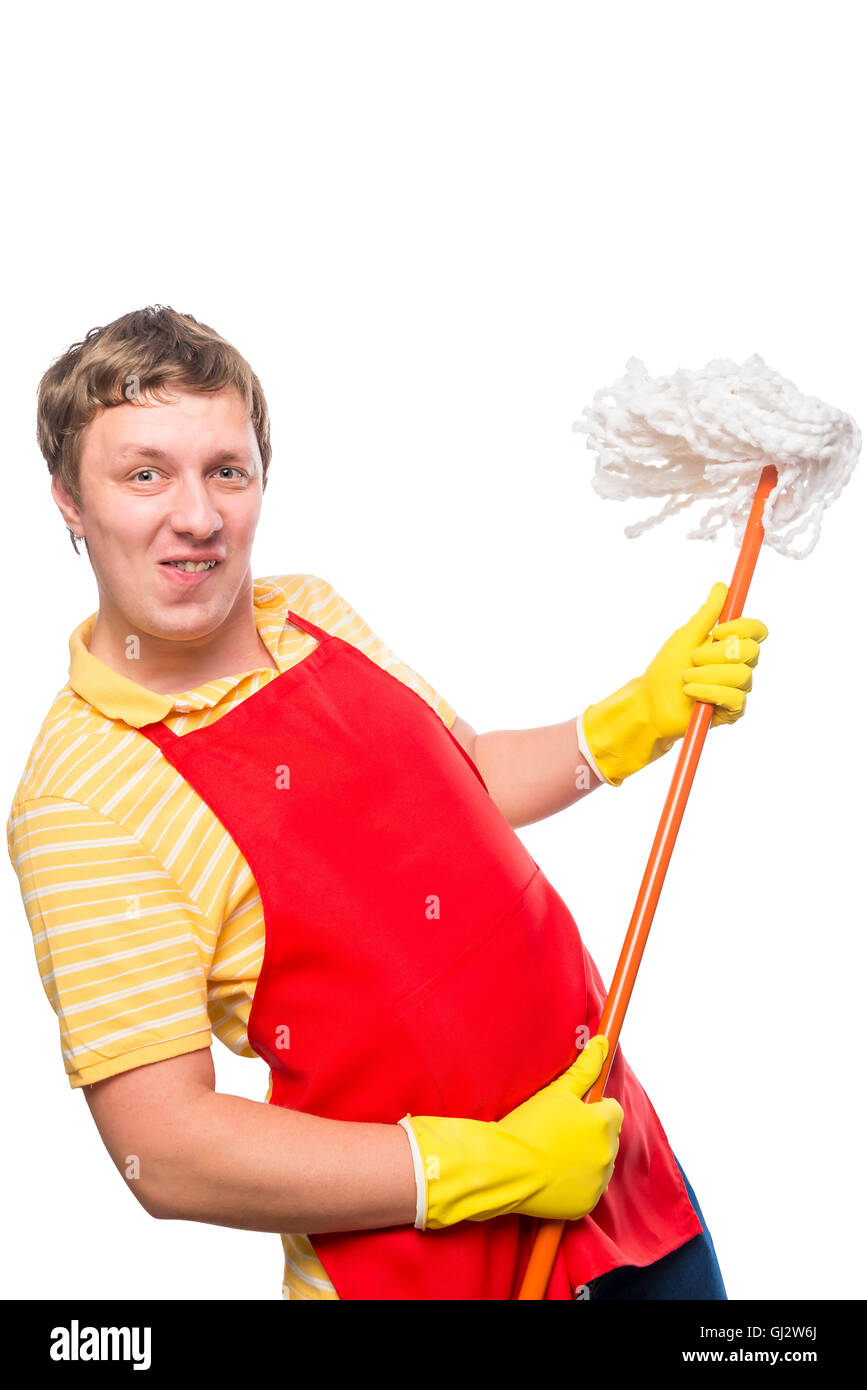 active young man having fun with a mop on a white background Stock ...