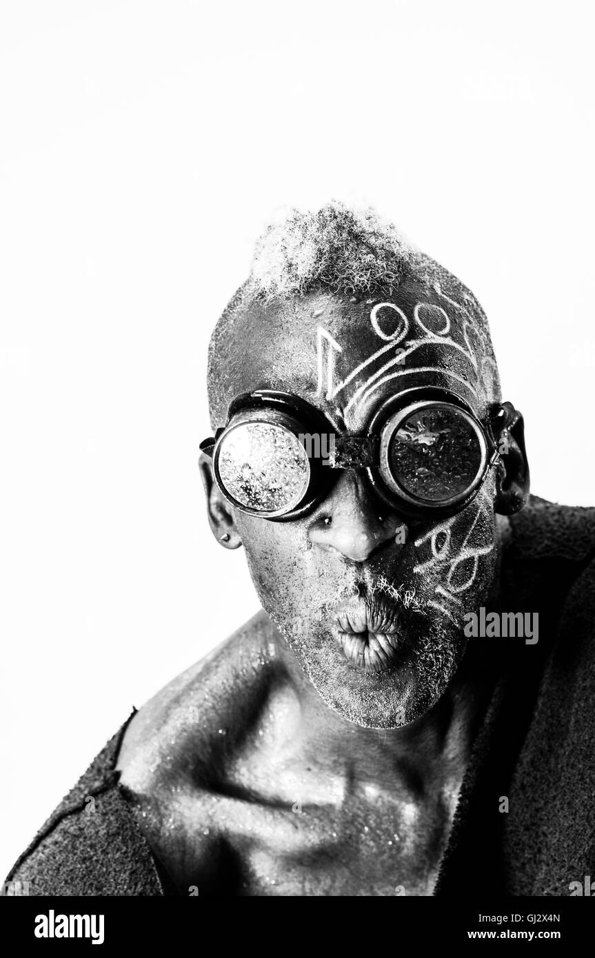 fine art black-white portrait of male black model wearing goggles ...