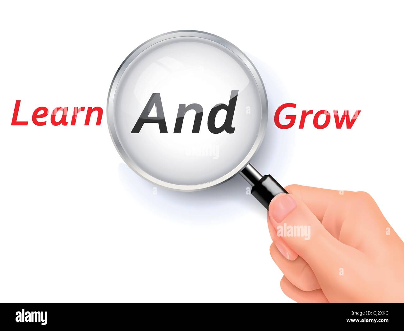 3D illustration of magnifying glass over the words of learn and grow ...