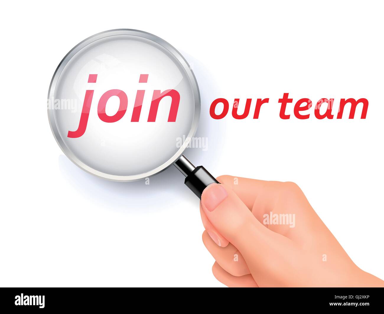3D illustration of magnifying glass over the words of join our team ...