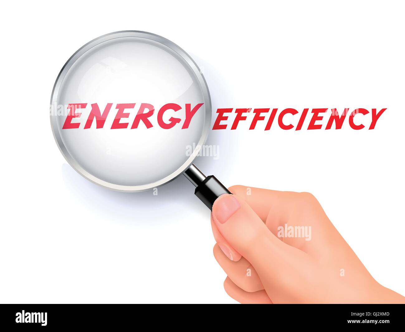 3D illustration of magnifying glass over the words of energy efficiency ...