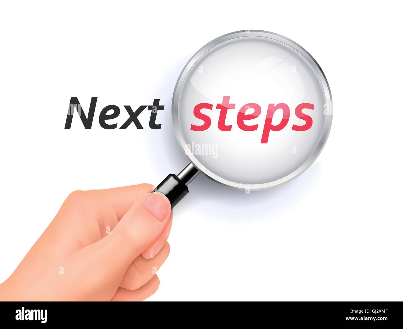 3D illustration of magnifying glass over the words of next steps Stock ...
