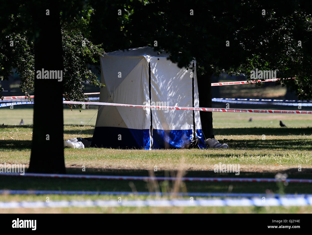 A police tent in Hyde Park, London, after a body was discovered Stock ...