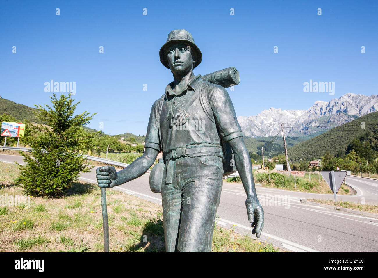 Statue of walker symbolizing hiking camino to Santiago.Famous ...