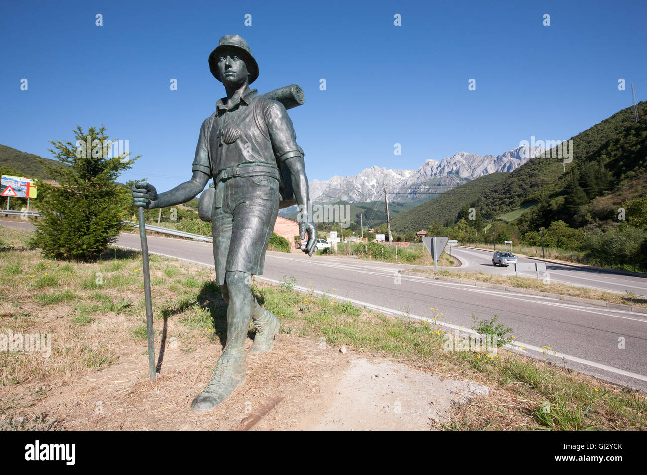 Statue of walker symbolizing hiking camino to Santiago.Famous ...