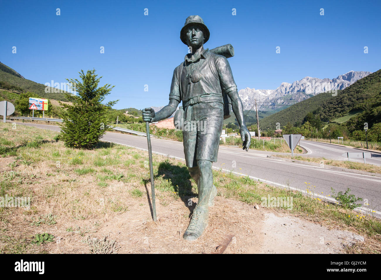 Statue of walker symbolizing hiking camino to Santiago.Famous ...