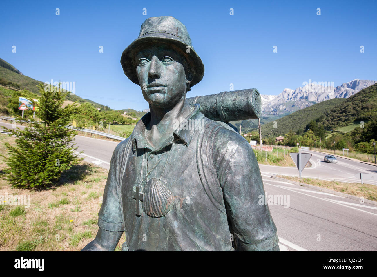 Statue of walker symbolizing hiking camino to Santiago.Famous ...