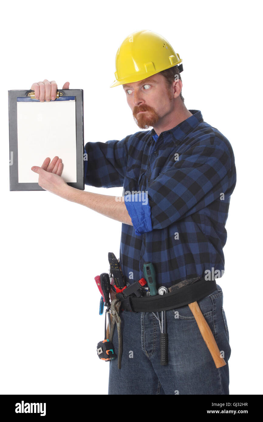 construction worker wonderfully looking on documents Stock Photo - Alamy