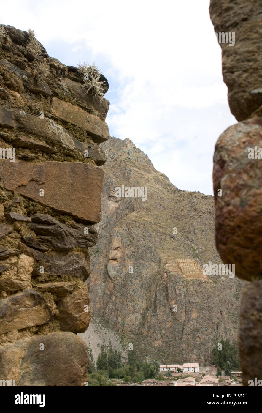 Rock face of Inca God in Ollantaytambo ruins Stock Photo - Alamy