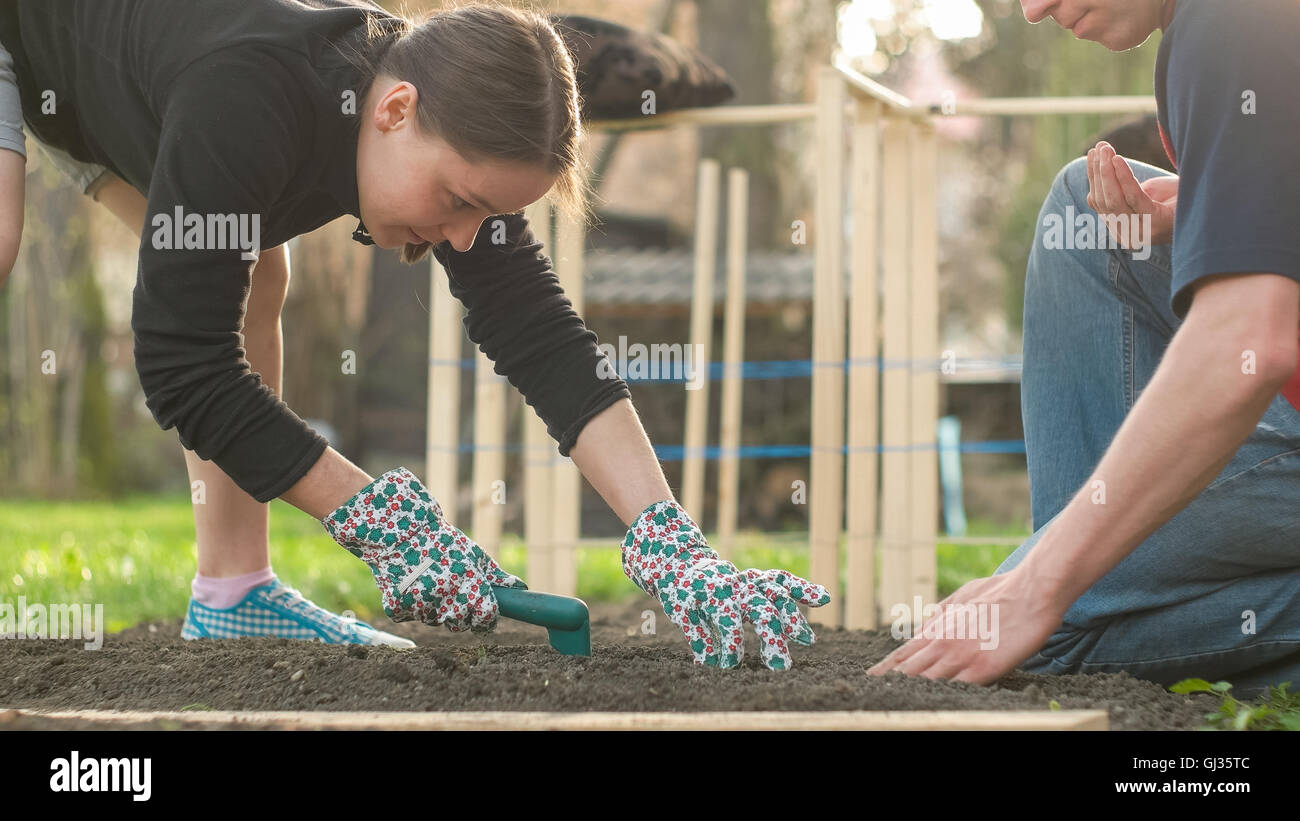 Adult couple creating rows for planting seeds, low angled Stock Photo ...