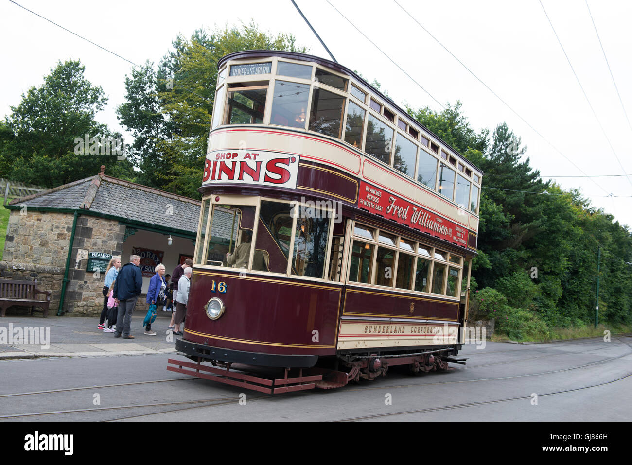 Vintage Tram at a stop at the Beamish Open Air Museum, near Stanley in ...