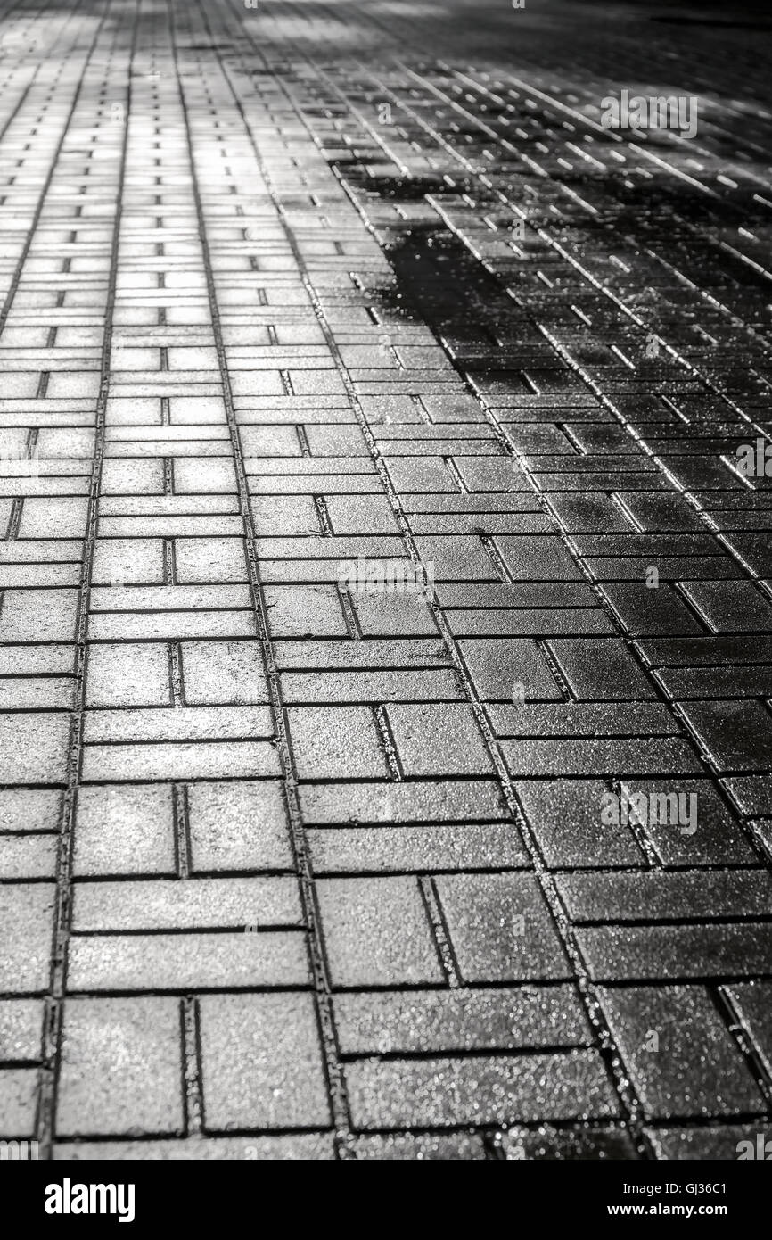 shining wet cobblestone pavement urban road background Stock Photo - Alamy