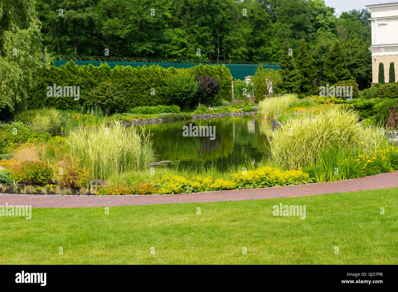 Beautiful lake in the park with footpath and different trees, bushes ...