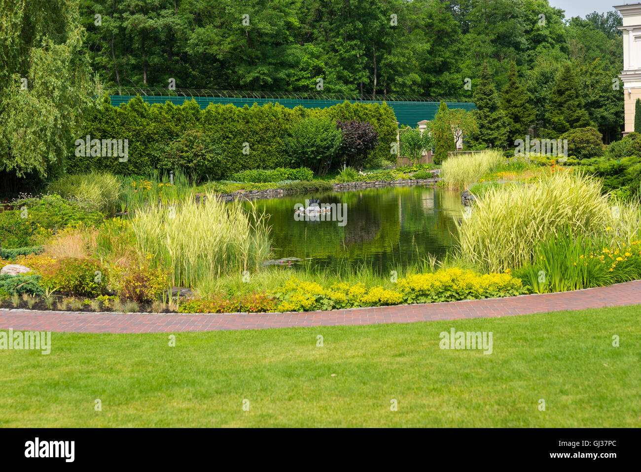 Great landscape design with beautiful lake and different trees, bushes ...