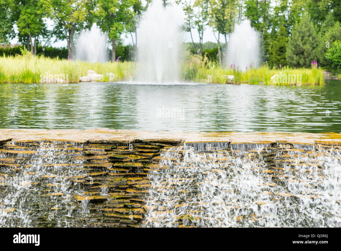 Human-made waterfall in a park with pond, fountain and different trees ...