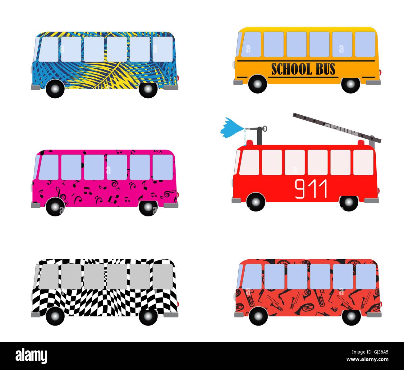 Set of Painted Cartoon Buses for Vacation, School, Fire truck and ...