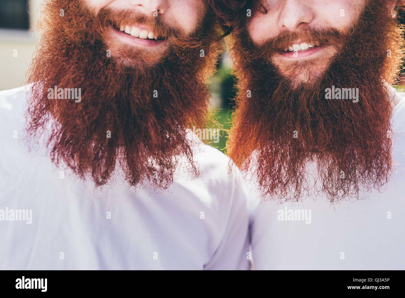 Cropped portrait of young male hipster twins with red beards wearing ...